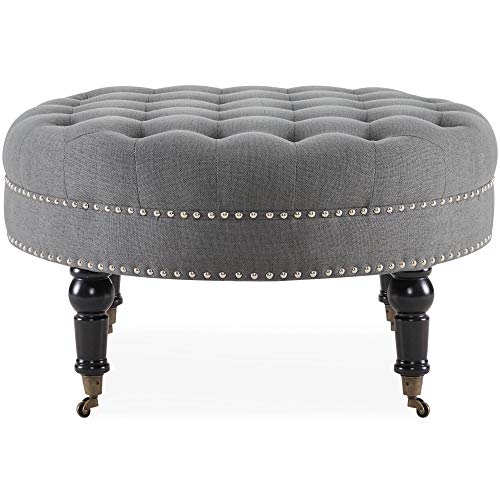 BELLEZE Modern 34 Inch Round Linen Ottoman with Caster Wheels, Contemporary Classic Footsool Bench with Button Tufted Top, Nailhead Trim, Wood Legs - Ravenna (Elephant Grey)