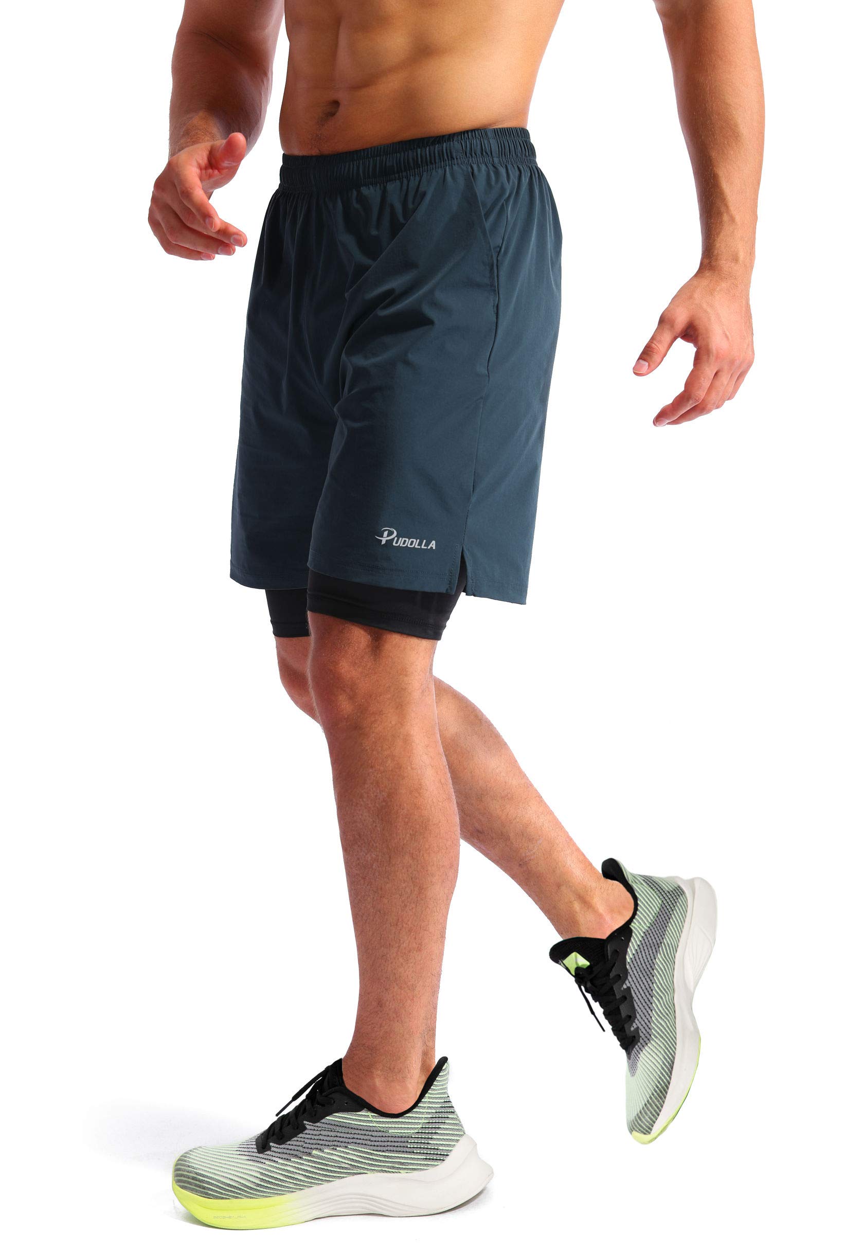 Pudolla Men’s 2 in 1 Running Shorts 7" Quick Dry Gym Athletic Workout Shorts for Men with Phone Pockets(Navy Blue Medium)