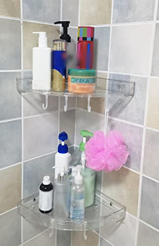 2 Pcs Adhesive Acrylic Corner Shower Caddy Shelf with Hooks Hollow Wall Mounted No Drilling Clear Corner Shelf for Shower Kitchen Organizer