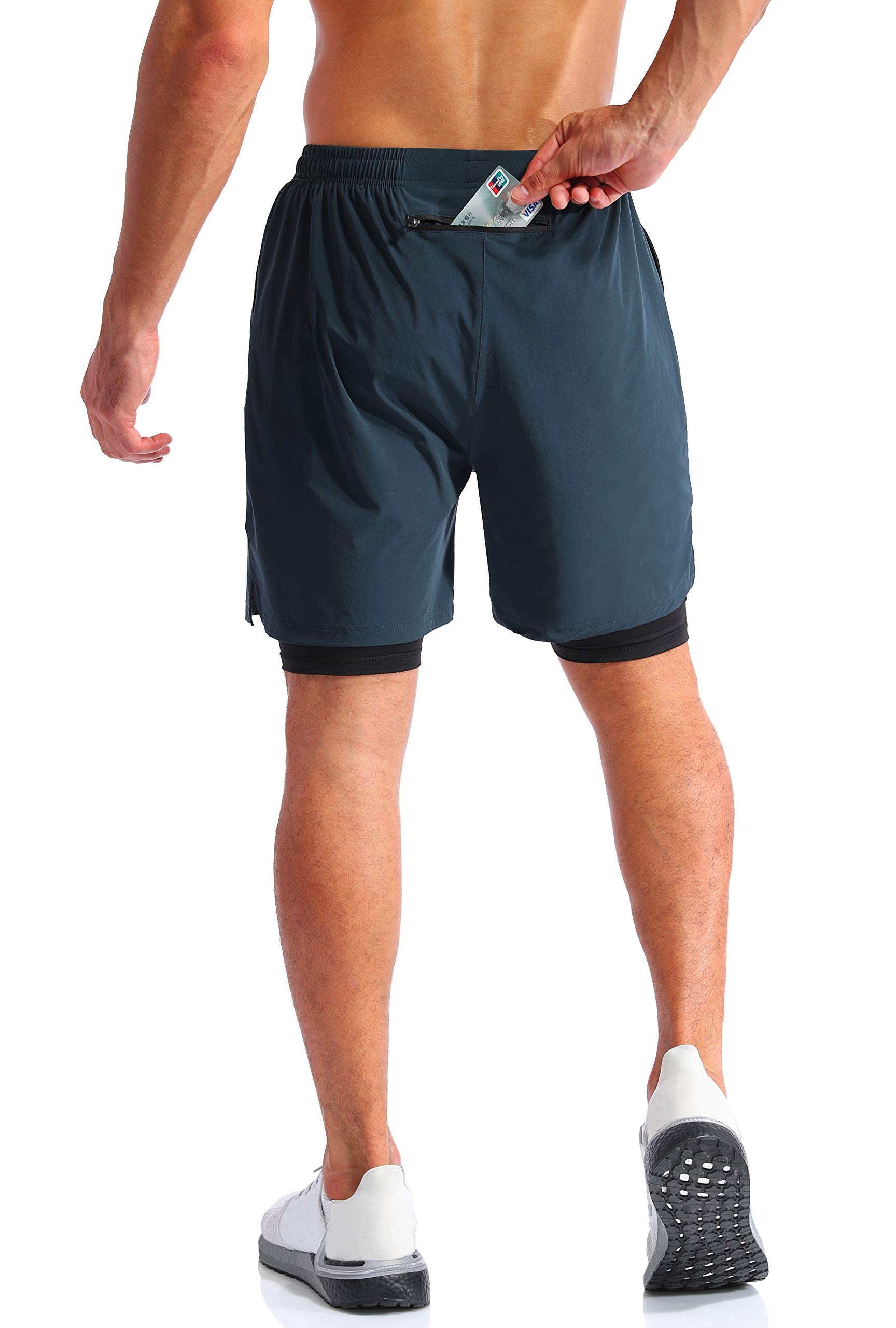 Pudolla Men’s 2 in 1 Running Shorts 7" Quick Dry Gym Athletic Workout Shorts for Men with Phone Pockets(Navy Blue Medium)