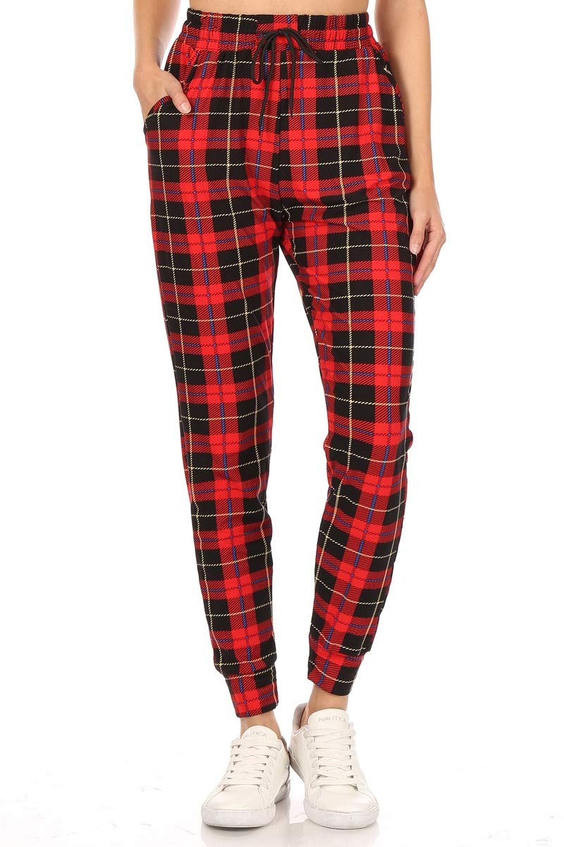 Leggings Depot JGA-S650-XL Holiday Plaid Print Jogger Track Pants w/Pockets, X-Large