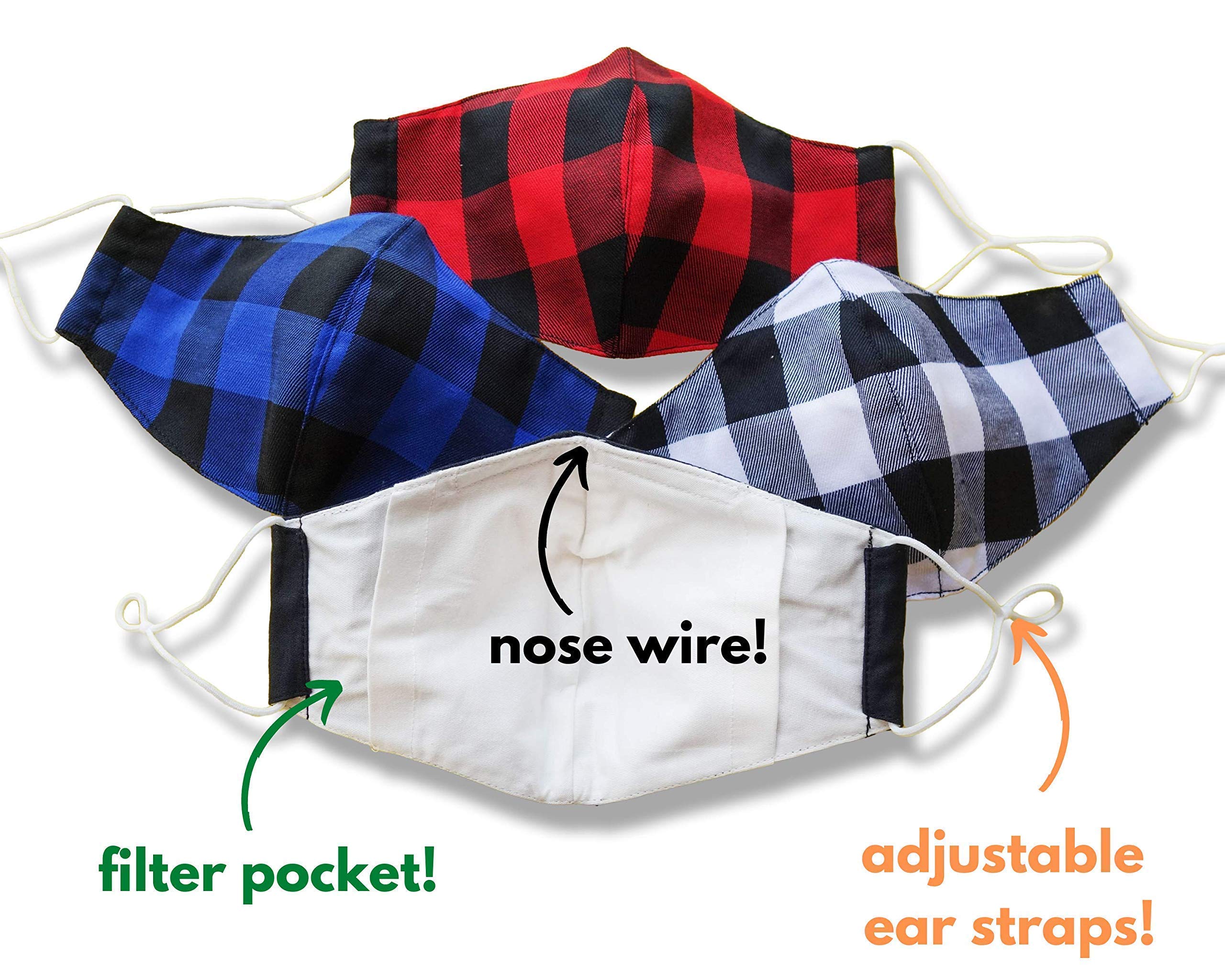 Hope Love Shine Checkered Face Masks w/Adjustable Ear Loops & Filter Pocket - Reusable, Washable Cloth Fabric Face Masks for Women, Men, Adult (Solid Black, Buffalo Plaid Red, Navy, White - 4 Pack)