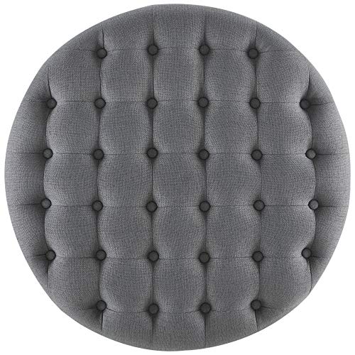 BELLEZE Modern 34 Inch Round Linen Ottoman with Caster Wheels, Contemporary Classic Footsool Bench with Button Tufted Top, Nailhead Trim, Wood Legs - Ravenna (Elephant Grey)