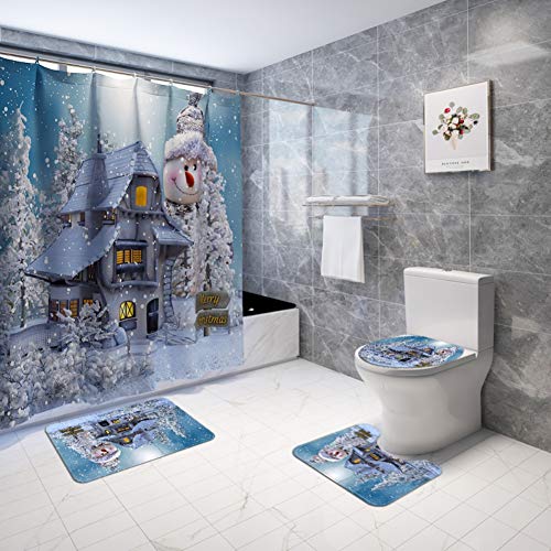 ESHOO 4 Pcs Christmas Bathroom Sets with Non-Slip Rugs, Toilet Lid Cover, Bath Mat and Shower Curtain with Hooks for Christmas Day