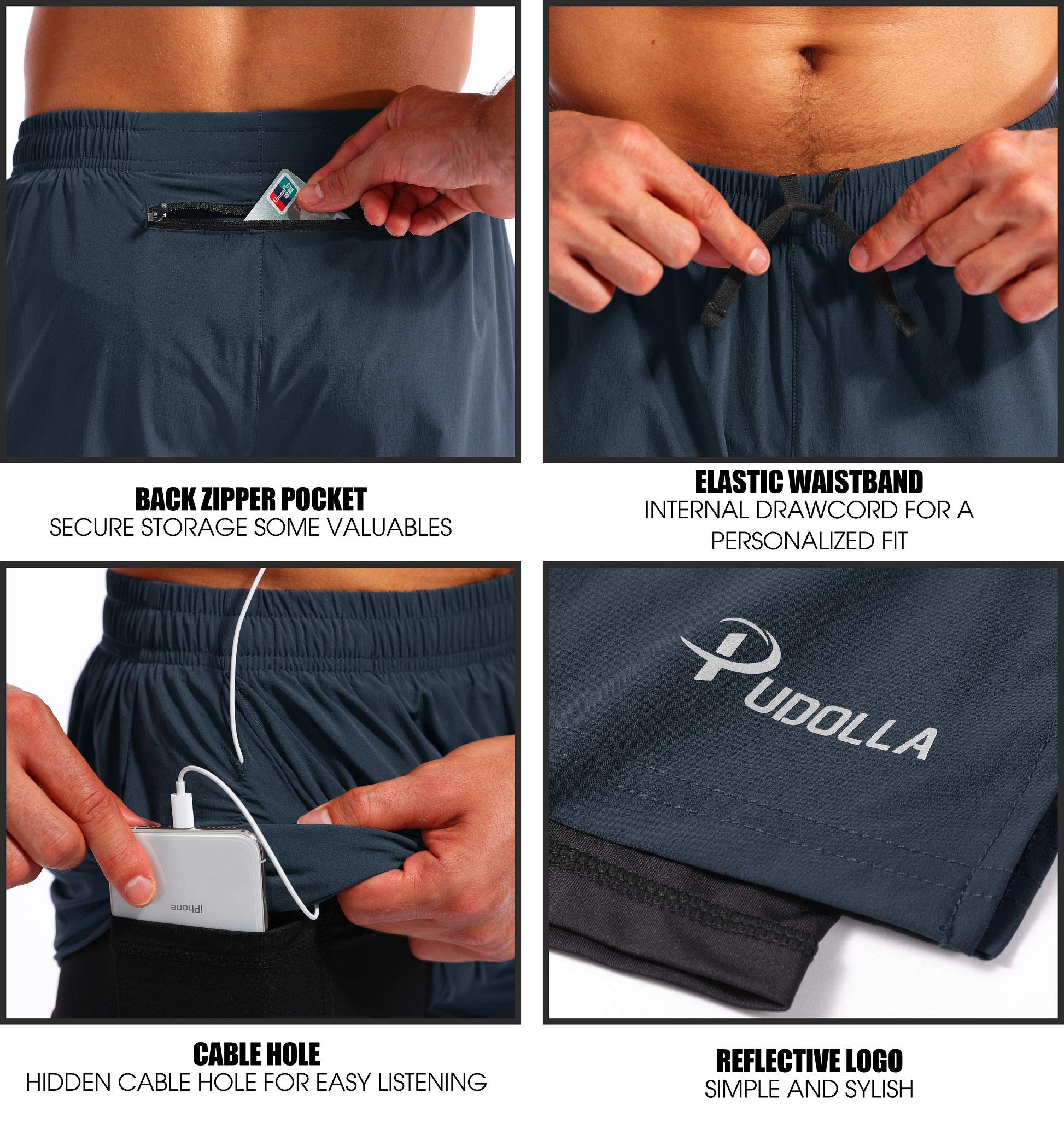 Pudolla Men’s 2 in 1 Running Shorts 7" Quick Dry Gym Athletic Workout Shorts for Men with Phone Pockets(Navy Blue Medium)