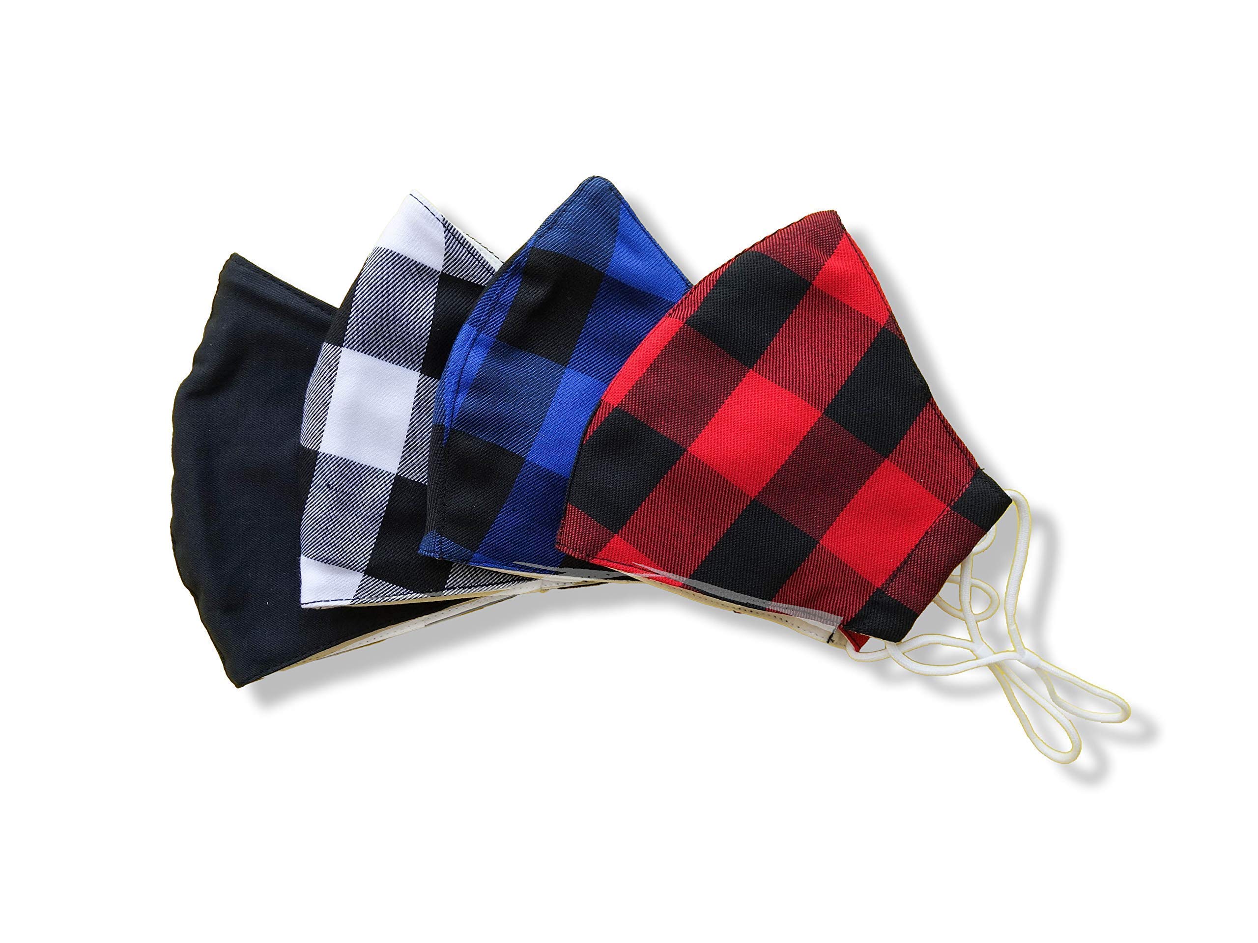 Hope Love Shine Checkered Face Masks w/Adjustable Ear Loops & Filter Pocket - Reusable, Washable Cloth Fabric Face Masks for Women, Men, Adult (Solid Black, Buffalo Plaid Red, Navy, White - 4 Pack)