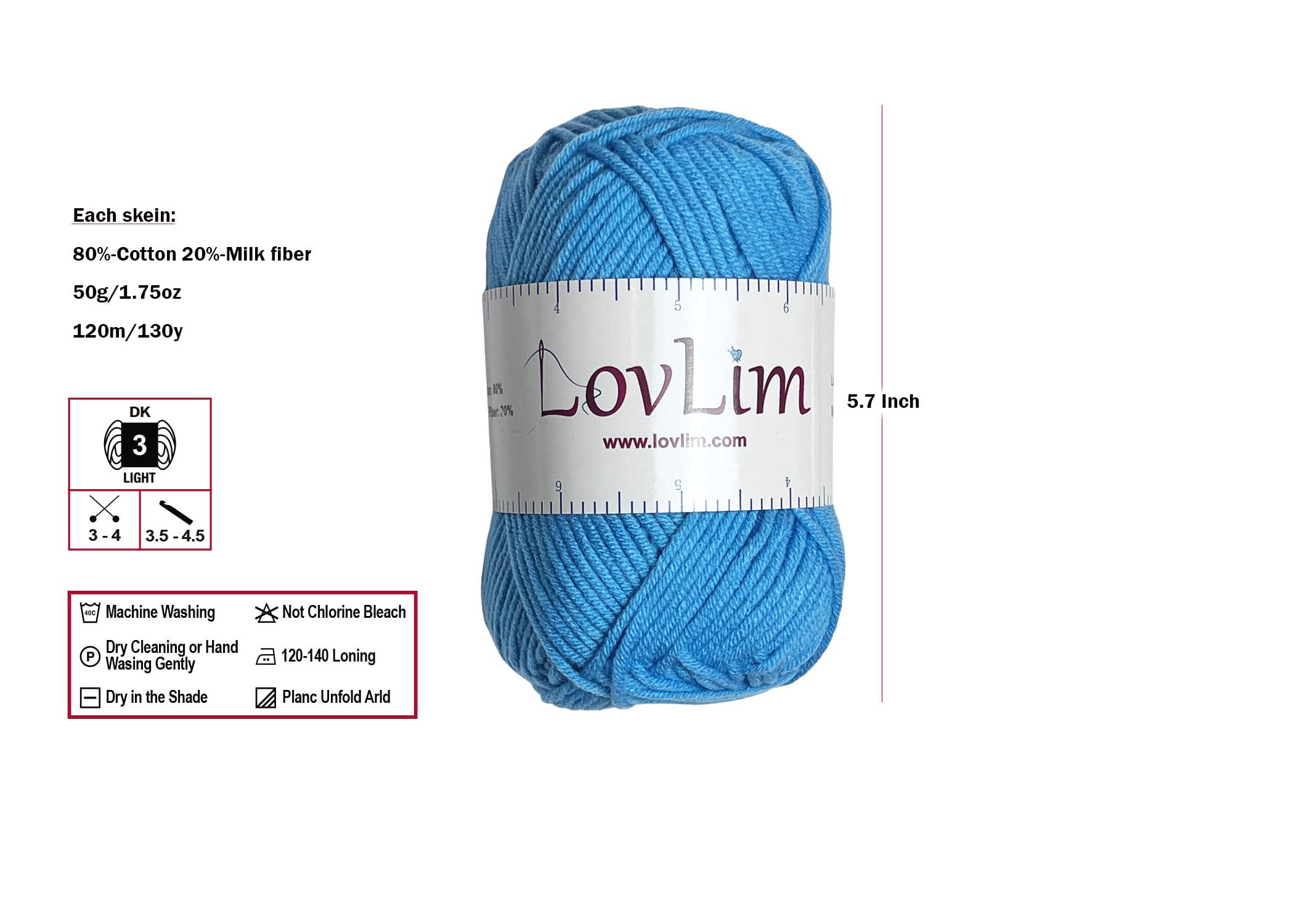 LovLim Yarn Pack, 2 skeins of 50g Each, Soft Cotton Yarn for Crochet and Knitting, Craft DK Amigurumi Yarn (Light Blue)