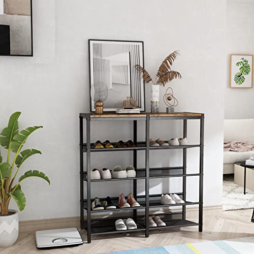 Lamerge Shoe Rack Storage Organizer, 5-Tier Shoe Storage Shelf for 16 Pairs,Stackable Shoe Shelf with 4 Metal Mesh Shelves /wood tabletop,for Entryway, Hallway, Closet, Dorm Room,Rustic Brown