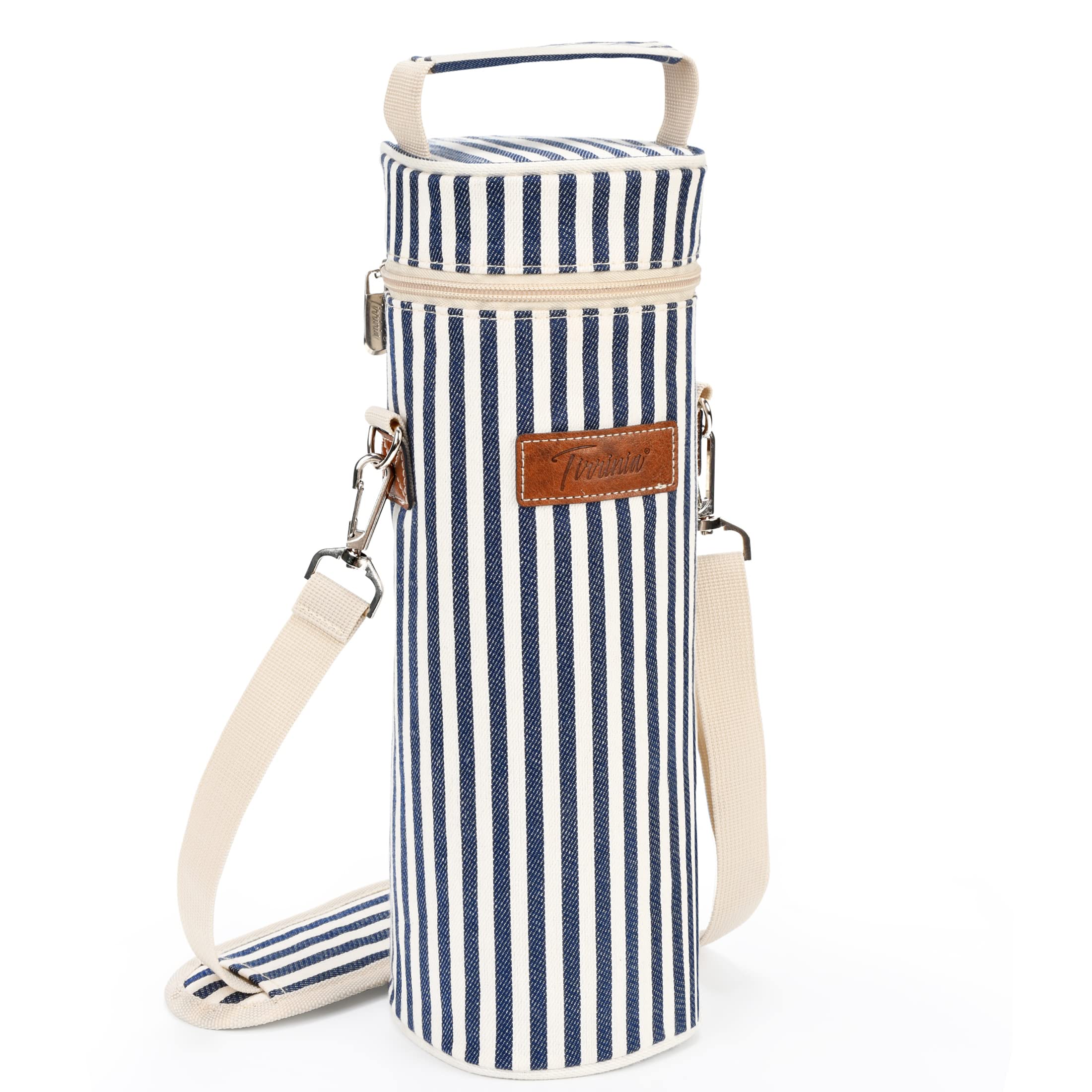 Tirrinia Single Wine Cooler Bags - Insulated & Padded Portable Wine Gift Tote Carrier for Travel, BYOB Restaurant, Wine Tasting, Party, Great Gift for Wine Lover, Blue Stripe