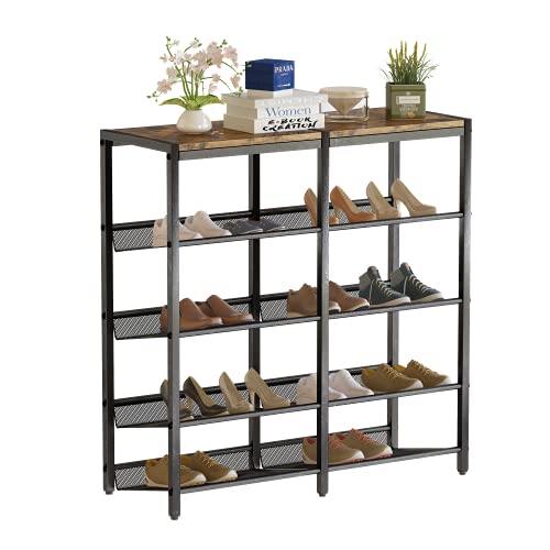 Lamerge Shoe Rack Storage Organizer, 5-Tier Shoe Storage Shelf for 16 Pairs,Stackable Shoe Shelf with 4 Metal Mesh Shelves /wood tabletop,for Entryway, Hallway, Closet, Dorm Room,Rustic Brown
