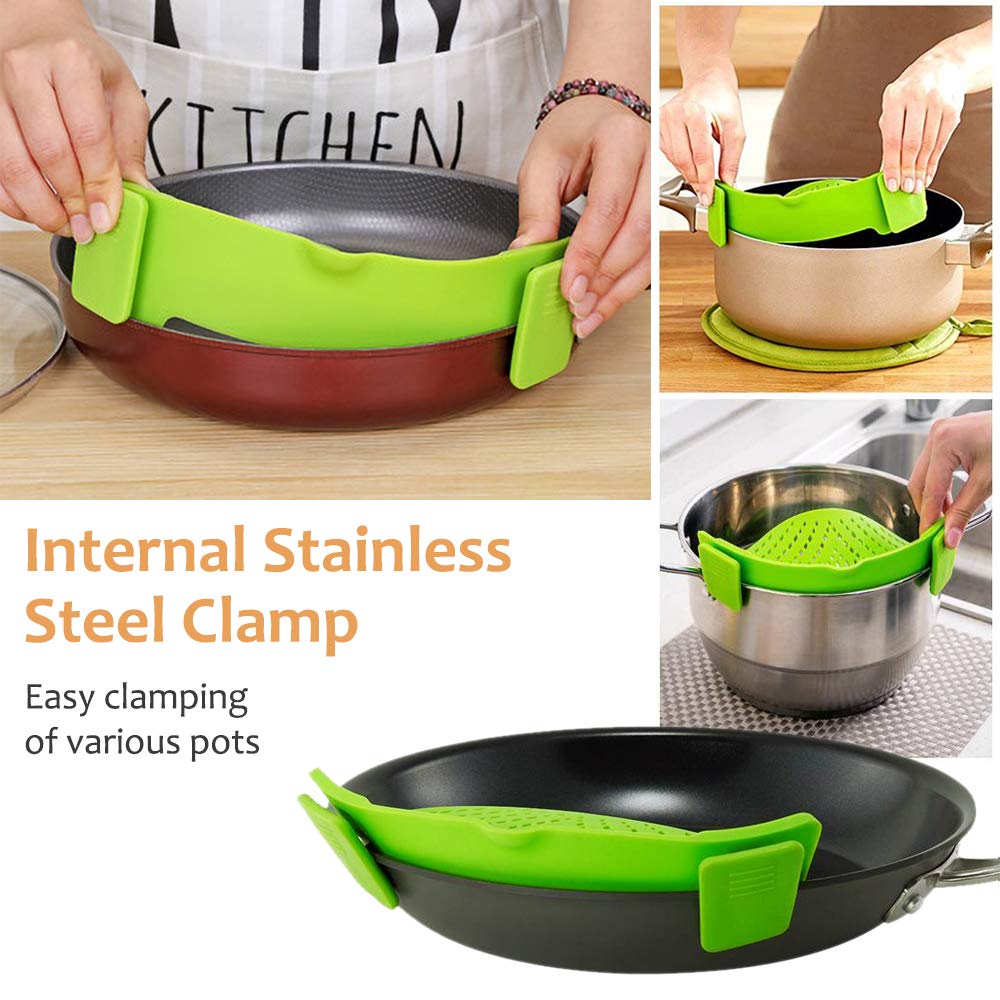 YEVIOR Clip on Strainer for Pots Pan Pasta Strainer, Silicone Food Strainer Hands-Free Pan Strainer, Clip-on Kitchen Food Strainer for Spaghetti, Pasta, Ground Beef Fits All Bowls and Pots (Green)