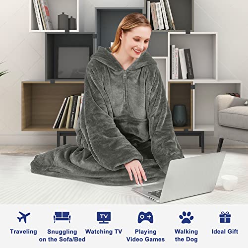 BOBOR Sweatshirt Blanket, Oversized Wearable Hoodie Fleece Blanket with Large Front Pocket for Adults, Men, Women, and Kids, Super Soft Fuzzy Warm Comfortable Flannel Blanket（Light Gray）
