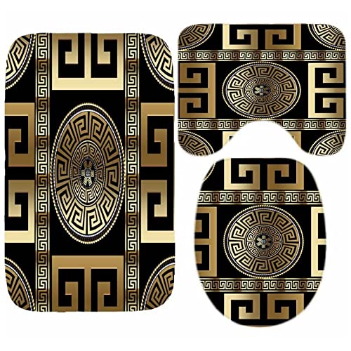 fnump 4 Pieces Bath Sets Retro Black Gold Greek Key Meander Shower Curtain Sets Anti-Slip Bath Rug Floor Mat Home Decor Waterproof Bath Curtain with 12 Hooks - 71" x 71"