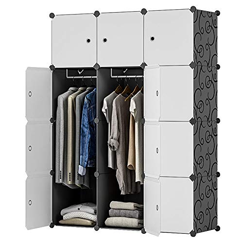 KOUSI Portable Closet Wardrobe Closet Clothes Closet Bedroom Armoire Storage Organizer with Doors, Spacious & Sturdy, Extra Space & Durable Black HHRBYG-TZ (6 Cubes&2 Hanging Section)