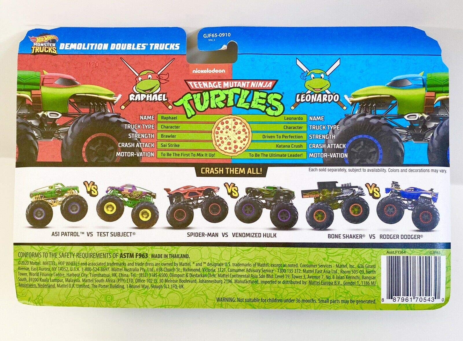 MATTL Hot Wheels Monster Trucks 2020 Demolition Doubles 1:64 Scale TNMNT Raphael & Leonardo