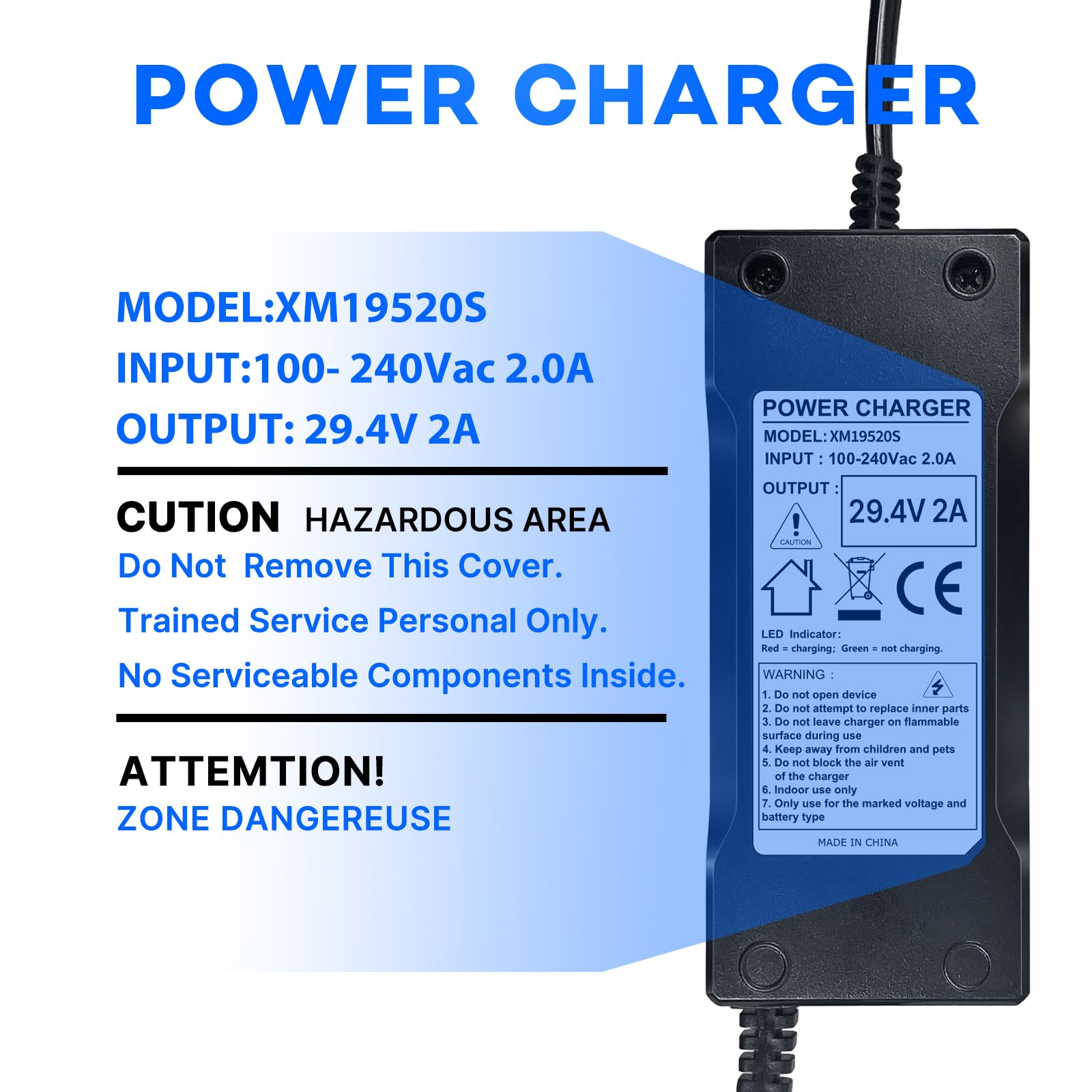 YZPOWER 29.4V 2A Battery Charger for Electric Bike Electric Scooter 24V Lithium Battery Pack 5.5mm 2.1mm Connector