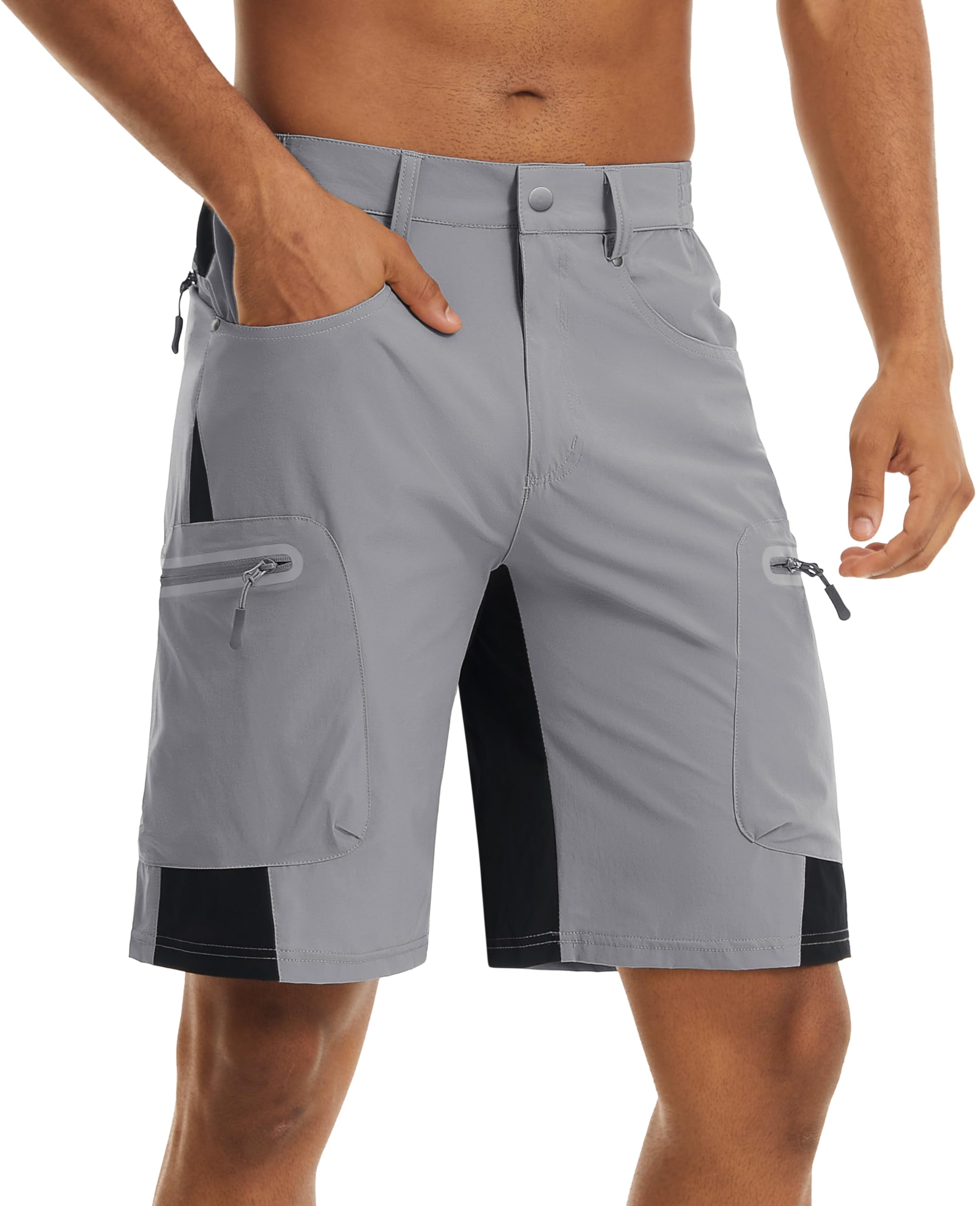 TACVASEN Men's Casual Shorts 10" Inseam Quick Dry Water Resistant Hiking Cargo Outdoor Grey Golf Shorts with Zipper Pockets for Work