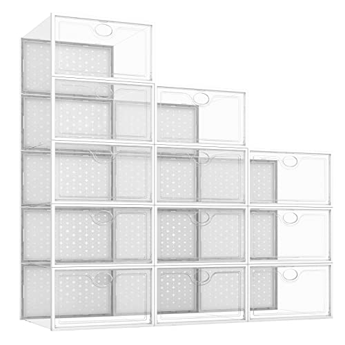 Pinkpum Large Shoe Storage Boxes 12 Pack, Clear Plastic Stackable Shoe Organizer for Closet, Sneaker Storage Shoe Containers Bins Stackable with Lids, Fit up to Women's Size 12 (Large)