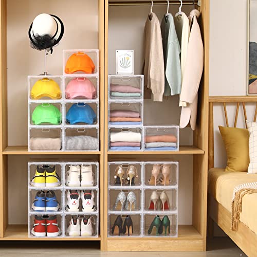 INSTY Shoe Boxes, Set of 12, Stackable Clear Plastic Shoe Storage Boxes, Drop Front Shoe Box with Lids,Shoe Organizer Containers for Sneaker Display, Fit up to US Size 12(13.4βx 9.8βx 7.1β)