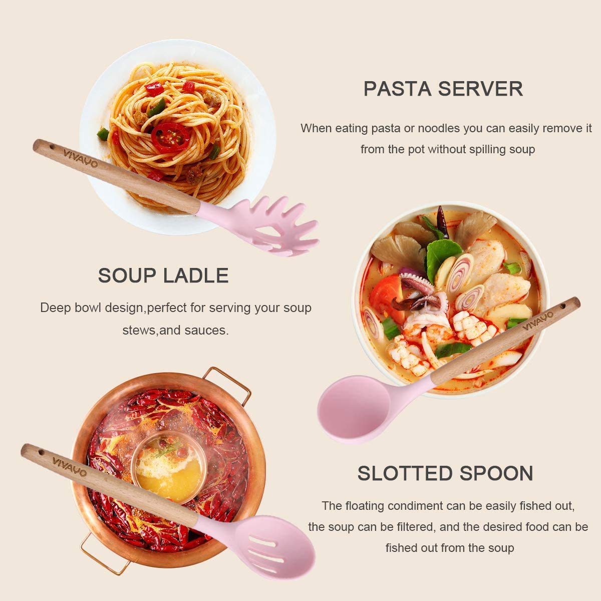 VIVAYO Silicone Cooking Utensil Kitchen Utensils Set, 12 Pieces Silicone Kitchen Utensil Wooden Handles, Kitchen Spatula Sets with Holder Spoon Turner Tongs, Pink