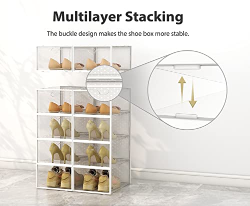 Pinkpum Large Shoe Storage Boxes 12 Pack, Clear Plastic Stackable Shoe Organizer for Closet, Sneaker Storage Shoe Containers Bins Stackable with Lids, Fit up to Women's Size 12 (Large)
