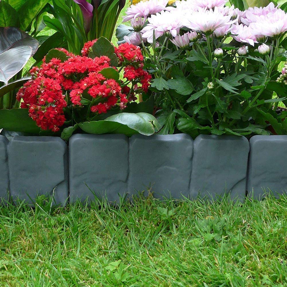 RZMY 40Pcs Garden Edging Border,DIY Stone Effect Plastic Palisade Fence Gray Decorative Flower Bed Interlocking Outdoor Lawn Border(32.8')