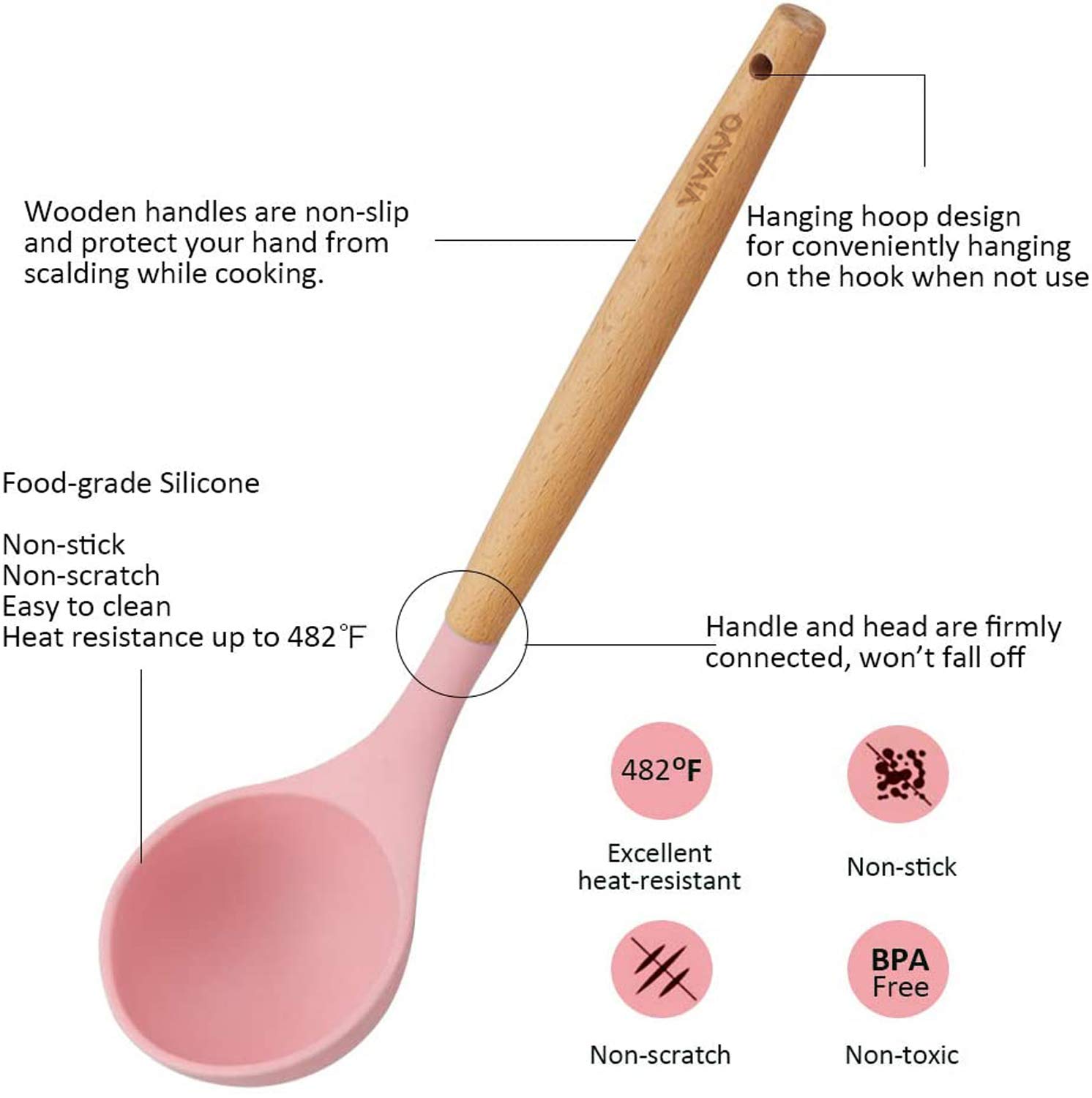 VIVAYO Silicone Cooking Utensil Kitchen Utensils Set, 12 Pieces Silicone Kitchen Utensil Wooden Handles, Kitchen Spatula Sets with Holder Spoon Turner Tongs, Pink