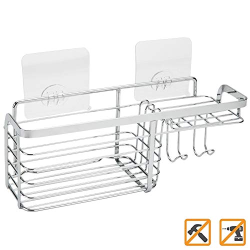 Joyfamy Rustproof Hanging Shower Caddy with Hooks, Wall Mounted Adhesive Bathroom Shower Shelf Storage Organizer Basket, No Drilling Stainless Steel Soap Sponge Shampoo Conditioner Holder Kitchen Rack