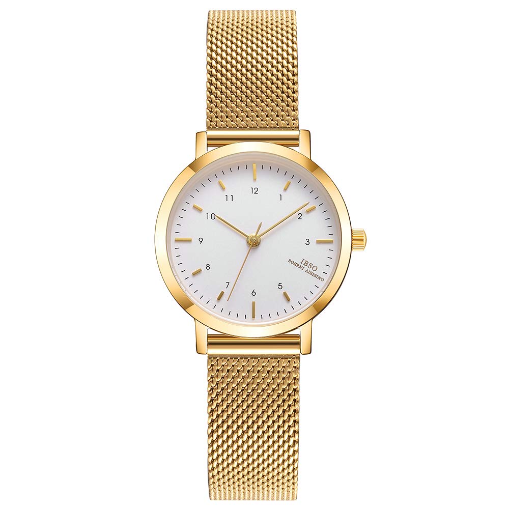 IBSO Women Stainless Steel Band Watches Ladies Quartz Wristwatches Waterproof Mesh Bracelet Watch Relogio Feminino (3639 Gold)