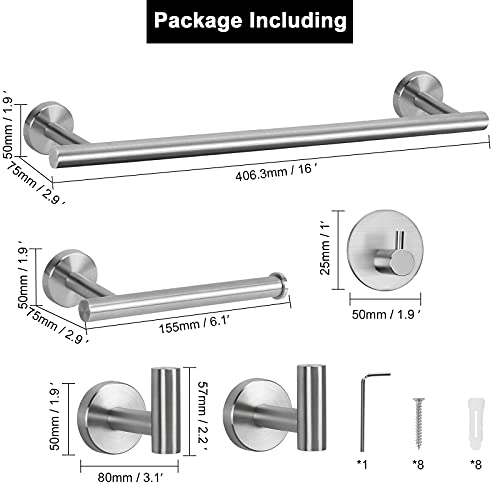 NearMoon 5 Pcs Bathroom Hardware Set SUS 304 Thicken Stainless Steel-Towel Bar Set Include 16" Towel Rod+Toilet Paper Holder+3 Multifunctional Hooks Bathroom Accessories (Brushed Nickel)