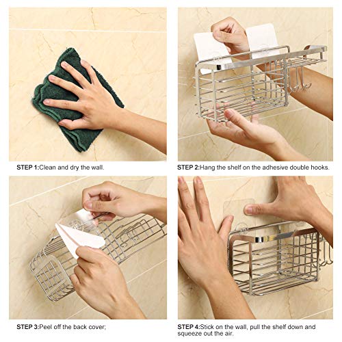 Joyfamy Rustproof Hanging Shower Caddy with Hooks, Wall Mounted Adhesive Bathroom Shower Shelf Storage Organizer Basket, No Drilling Stainless Steel Soap Sponge Shampoo Conditioner Holder Kitchen Rack
