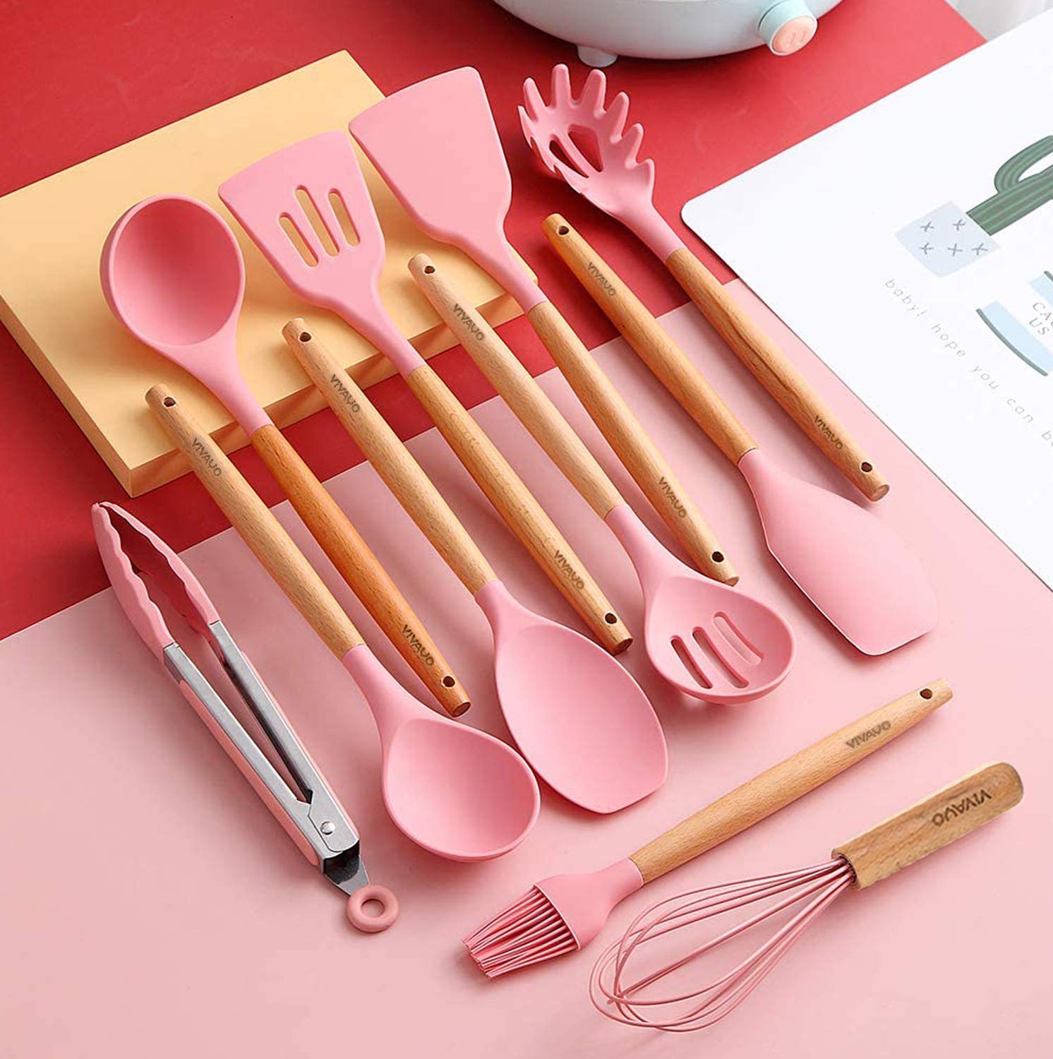 VIVAYO Silicone Cooking Utensil Kitchen Utensils Set, 12 Pieces Silicone Kitchen Utensil Wooden Handles, Kitchen Spatula Sets with Holder Spoon Turner Tongs, Pink