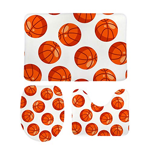 Bathroom Mat Rug Set Non Slip Including U-Shaped Contour Mat Toilet Seat Cover Red Basketball Balls Extra Soft Coral Fleece Memory Foam 3 Piece