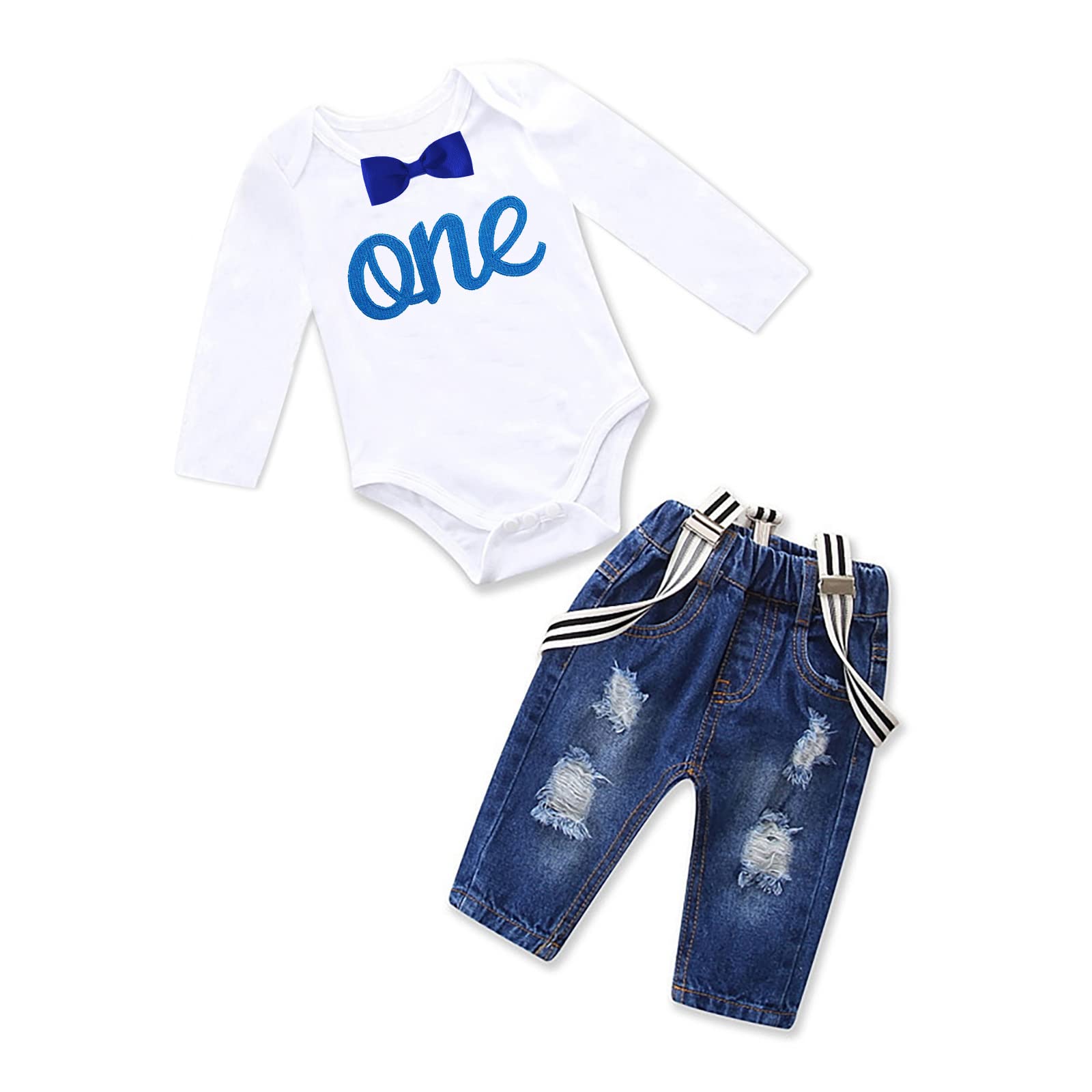 Pinleck Toddler Baby Boy Birthday Clothes Set Bowtie Romper Suspenders Ripped Denim Pants Outfits (1st Birthday-Blue-1Long, 6-12 Months)