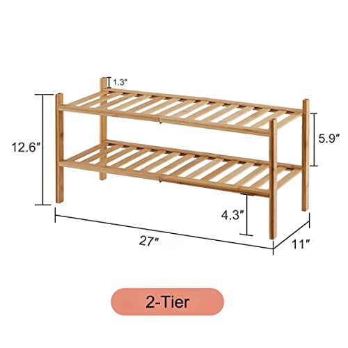 Qmkmyy Simple Narrow Wood Shoe Rack 2 Tiers for Closet Entryway Small Bamboo Free Standing Shoe Shelf Stackable Storage Organizer for Front Door