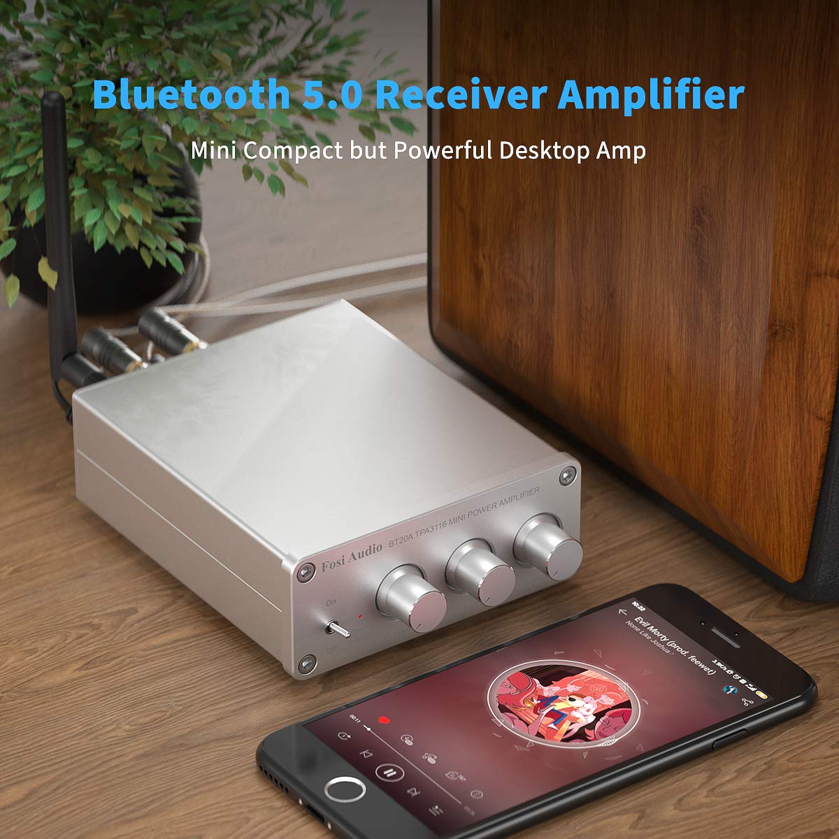 Fosi Audio BT20A-S Bluetooth 5.0 Stereo Audio 2 Channel Amplifier Receiver Mini Hi-Fi Class D Integrated Amp 2.0 CH for Home Speakers 100W x 2 with Bass and Treble Control TPA3116 (with Power Supply)