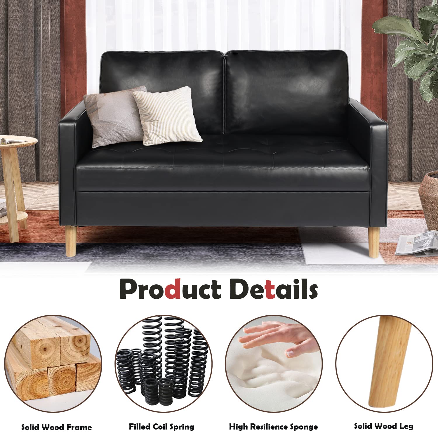 VAMEPOLE Black Leather Sectional Sofa Couch 3 Pieces, Loveseat and Accent Chair Stitching Tufted Cushion Suitable for Small Space, Office, Meeting Room, Living Room Furniture Sets