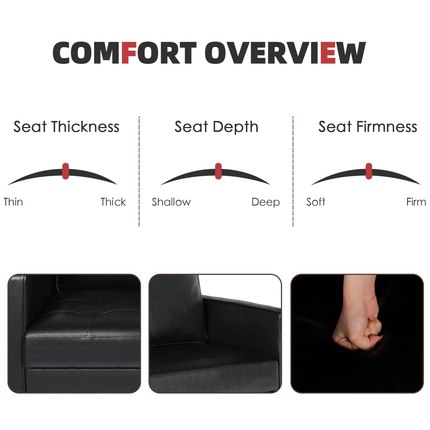 VAMEPOLE Black Leather Sectional Sofa Couch 3 Pieces, Loveseat and Accent Chair Stitching Tufted Cushion Suitable for Small Space, Office, Meeting Room, Living Room Furniture Sets