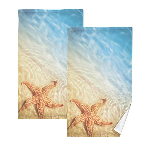 Jucciaco Beach Sea Starfish Cotton Towels for Bathroom, Soft Absorbent Hand Towel Set of 2 for Gym Yoga Kitchen Decorative, 16x28 in