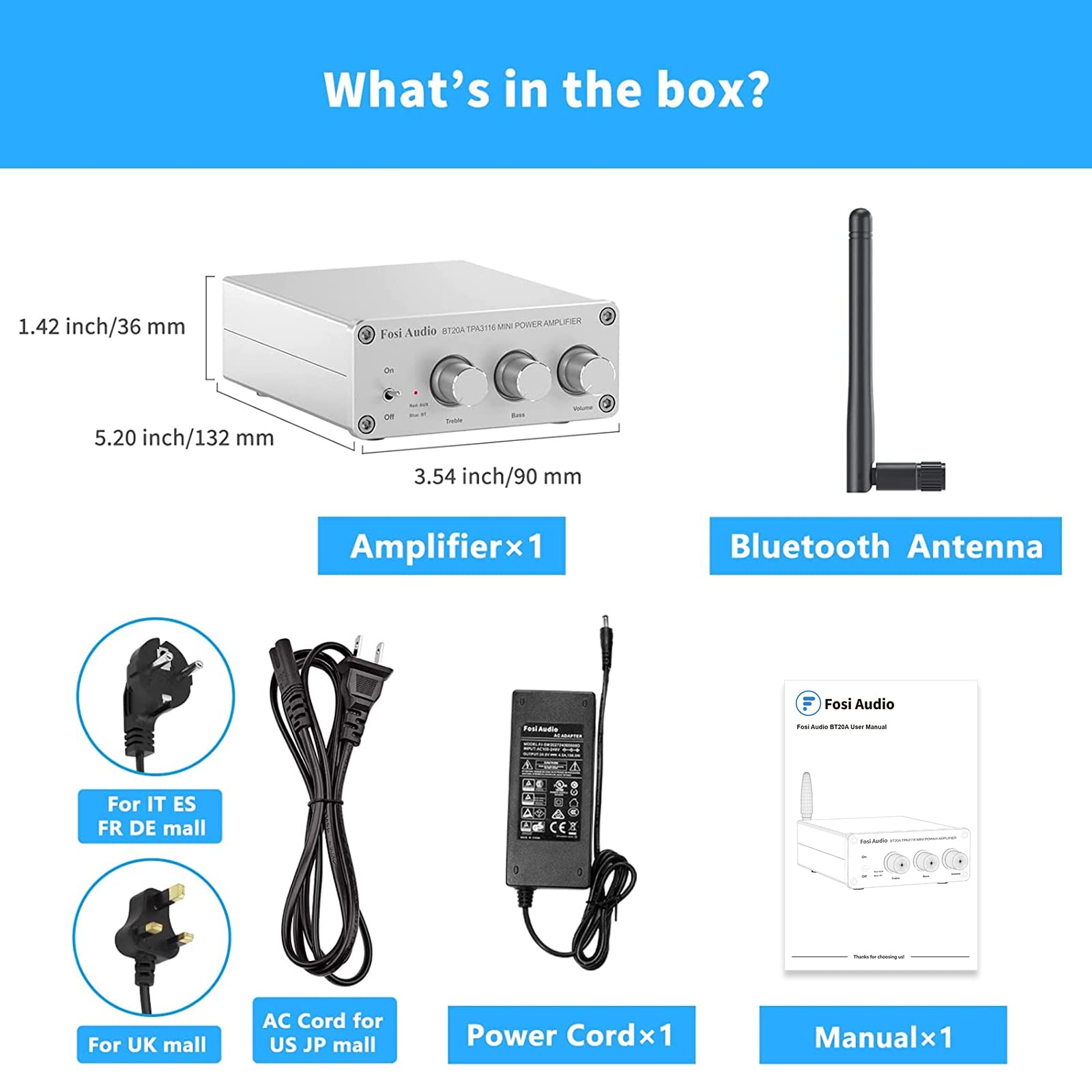 Fosi Audio BT20A-S Bluetooth 5.0 Stereo Audio 2 Channel Amplifier Receiver Mini Hi-Fi Class D Integrated Amp 2.0 CH for Home Speakers 100W x 2 with Bass and Treble Control TPA3116 (with Power Supply)