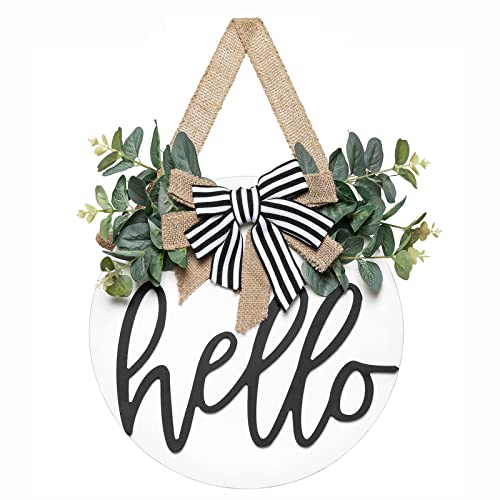 Dahey Hello Sign for Front Door Decor Winter Wreath 12 Inch Round Hanging Door Decor Outdoor Indoor Home Porch Farmhouse Decoration for Christmas Day All Seasons Holiday Housewarming Gift, White