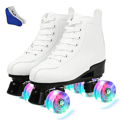 jessie Women's Roller Skates High Top Double Row Outdoor and Indoor Roller Skate Adjustable Roller Skates for Women Men Boys and Girls (White Flash Wheel,6)