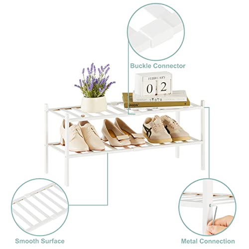 quiqear Bamboo Shoe Rack, 2 Tier Shoe Rack Organizer, Stackable & Durable Shoe Shelf Holder, Free Standing Shoe Racks, Shoe Storage Organizer for Entryway, Closet, Hallway (White)
