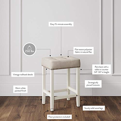 Nathan James Hylie Nailhead Wood Pub-Height Kitchen Counter Bar Stool 24", Natural Flax/White