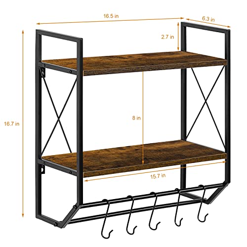 Bathroom Wall Shelf Wall Mounted Industrial 2 Tier Wood Bathroom Towel Rack with Towel Bar, 5 Metal Hooks Rustic Wall Hanging Toilet Storage Shelf for Kitchen, Bathroom, Brown