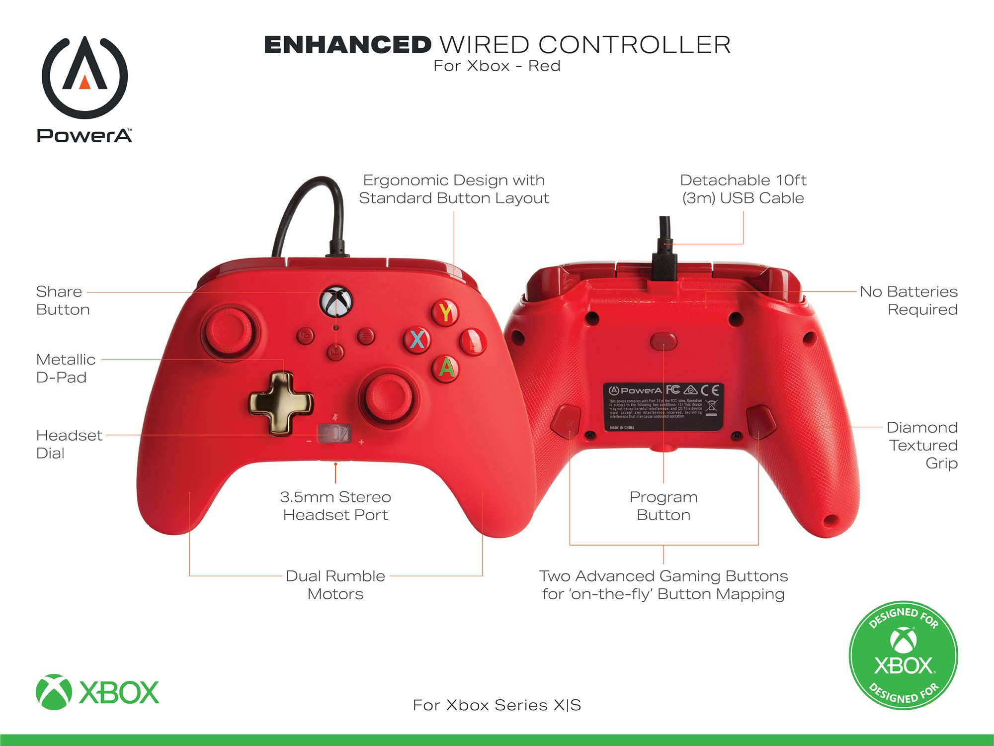 PowerA Enhanced Wired Controller for Xbox Series X|S - Red, Detachable 10ft USB Cable, Mappable Buttons and Rumble Motors, Officially Licensed for Xbox