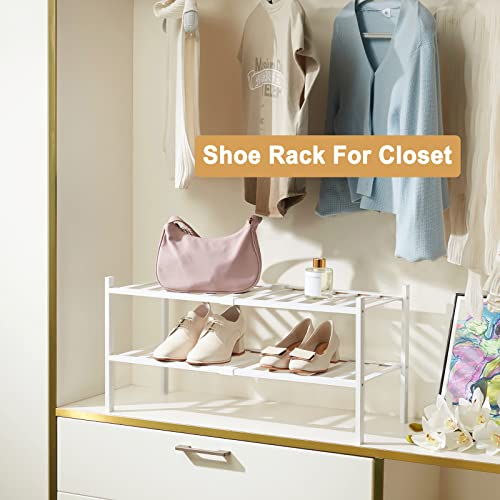 quiqear Bamboo Shoe Rack, 2 Tier Shoe Rack Organizer, Stackable & Durable Shoe Shelf Holder, Free Standing Shoe Racks, Shoe Storage Organizer for Entryway, Closet, Hallway (White)