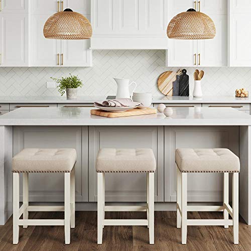 Nathan James Hylie Nailhead Wood Pub-Height Kitchen Counter Bar Stool 24", Natural Flax/White