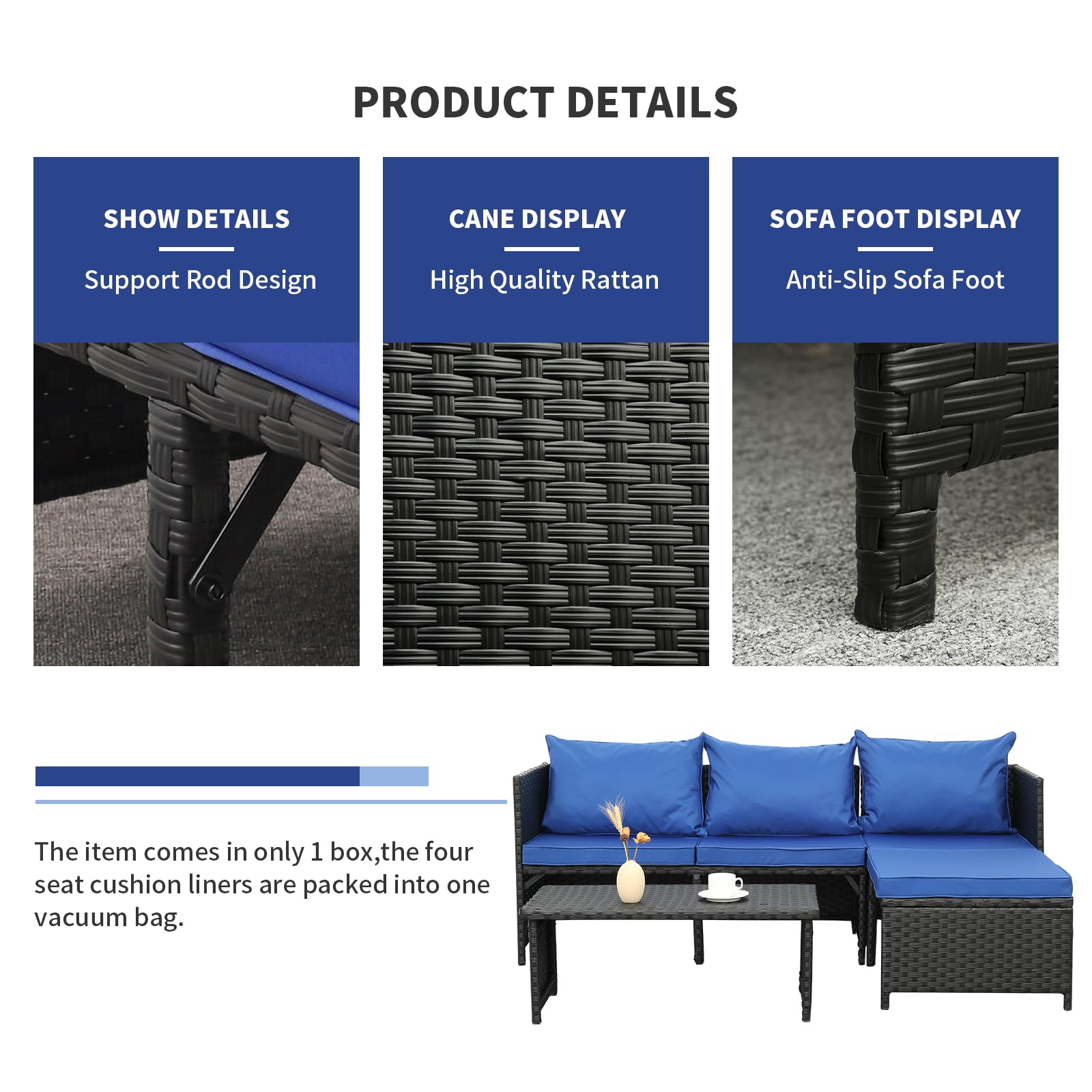 Valita 3-Piece Outdoor PE Rattan Furniture Set Patio Black Wicker Conversation Loveseat Sofa Sectional Couch Royal Blue Cushion