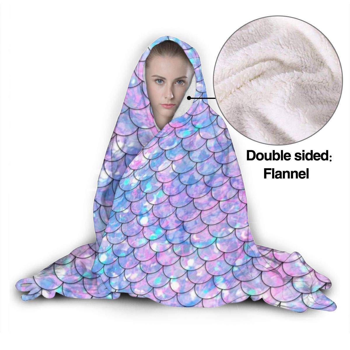 321DESIGN Mermaid Fish Scale Wearable Blanket Fleece Hooded Robe Cloak Throw Quilt Poncho Microfiber Sherpa Plush Warm Wrap Multiple-Size Child(50"x40"in)